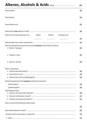Topic 7: Organic Chemistry Revision Question and Answer Sheets (inc ...
