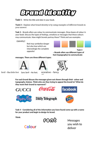 2 x brand identity worksheets - colour and typography | Teaching Resources