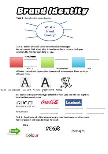 2 x brand identity worksheets - colour and typography | Teaching Resources