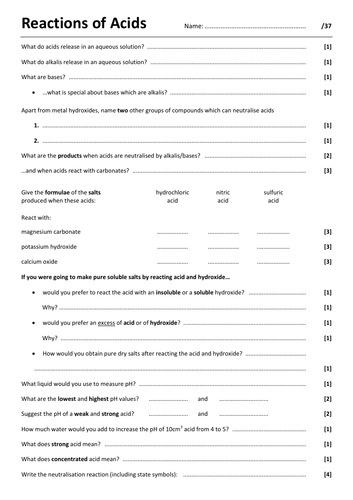Topic 4: Chemical Changes Revision Questions and Answer Sheets (inc ...