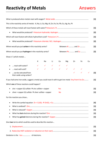 Topic 4: Chemical Changes Revision Questions and Answer Sheets (inc ...