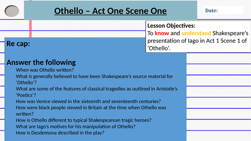 Othello Act One William Shakespeare | Teaching Resources