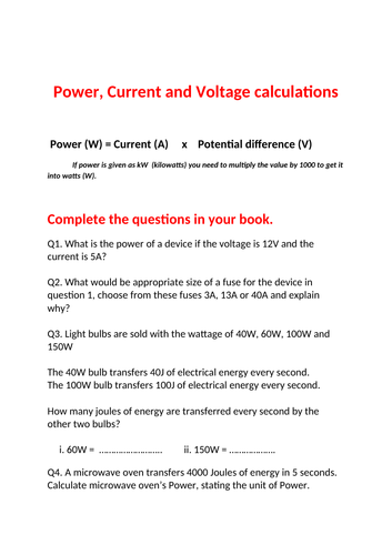 Power, current and voltage calculations for GCSE physics | Teaching ...