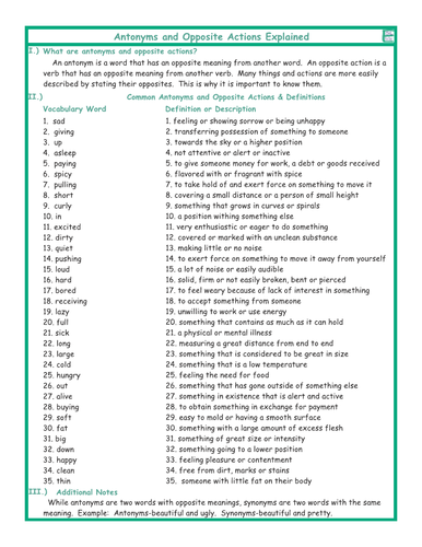 Antonyms-Opposite Actions Explanation-Definitions | Teaching Resources