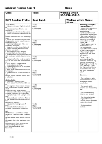 EYFS/Reception - Individual Reading Record Sheet - Development Matters ... EYFS/Reception - Individual Reading Record Sheet - Development Matters ...