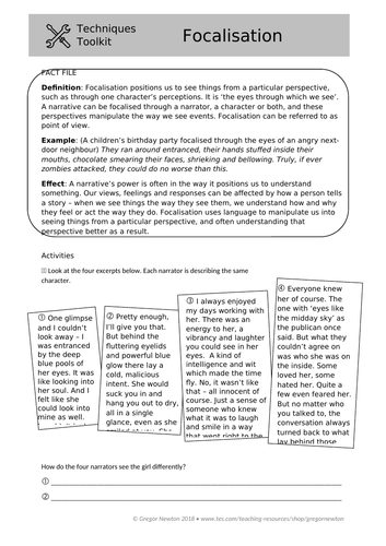 Focalisation (Point of View) - Techniques Toolkit - Worksheet and ...