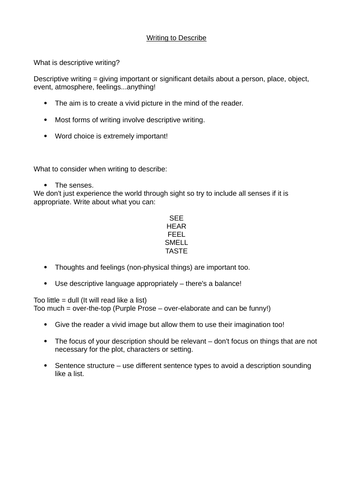 Creative Writing Writing to Describe Using Features Vocabulary ...