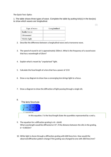 A-level Physics Revision Quizzes x 5 (optics, waves, energy, photons ...