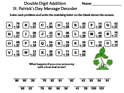 Double Digit Addition With Regrouping St. Patrick's Day Math Message ...