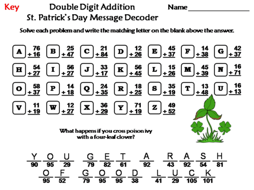 Double Digit Addition With Regrouping St. Patrick's Day Math Message ...