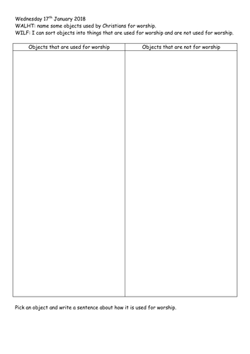 Year One RE Christianity: Objects for Worship Differentiated Worksheets ...