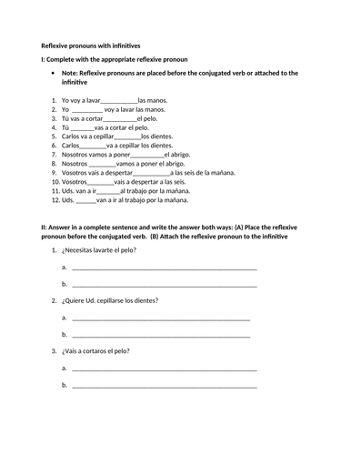 Reflexive pronouns with infinitives | Teaching Resources