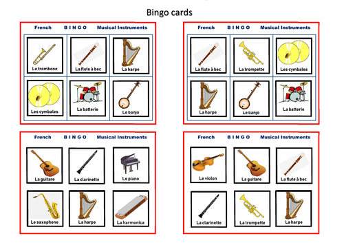 Primary French KS2 Musical Instruments BINGO for Year 4 5 or 6 30 Bingo ...