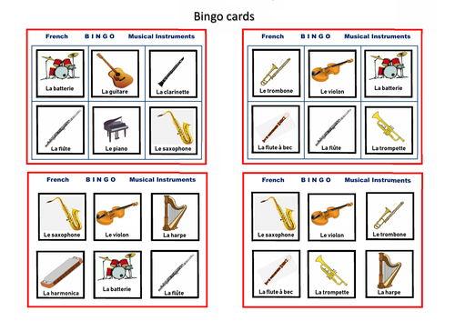 Primary French KS2 Musical Instruments BINGO for Year 4 5 or 6 30 Bingo ...