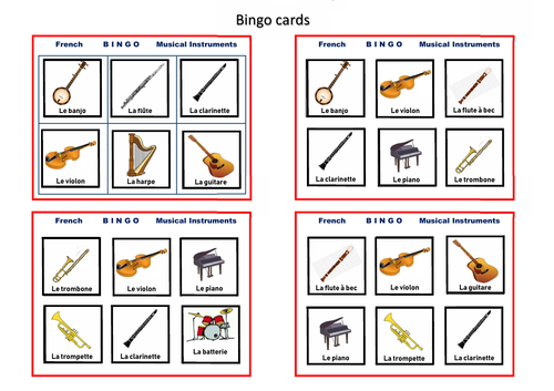 Primary French KS2 Musical Instruments BINGO for Year 4 5 or 6 30 Bingo ...