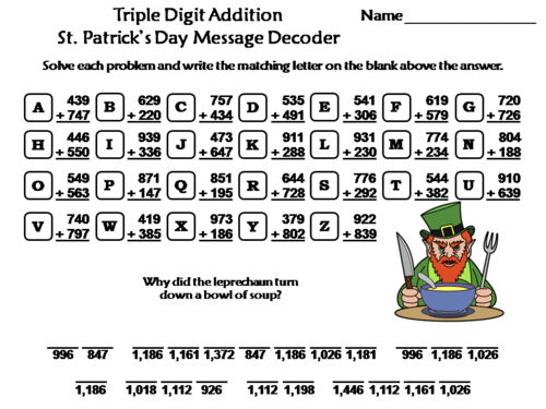 Triple Digit Addition With Regrouping St. Patrick's Day Math: Message ...