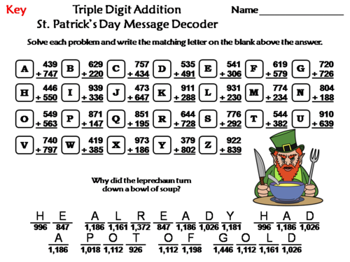 Triple Digit Addition With Regrouping St. Patrick's Day Math: Message ...