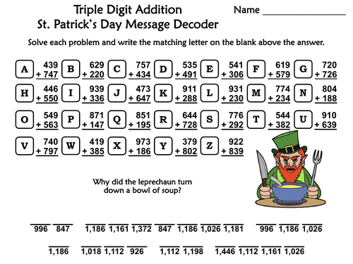 Triple Digit Addition With Regrouping St. Patrick's Day Math: Message ...