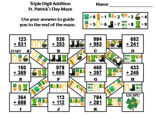 Triple Digit Addition With Regrouping St. Patrick's Day Math Maze ...