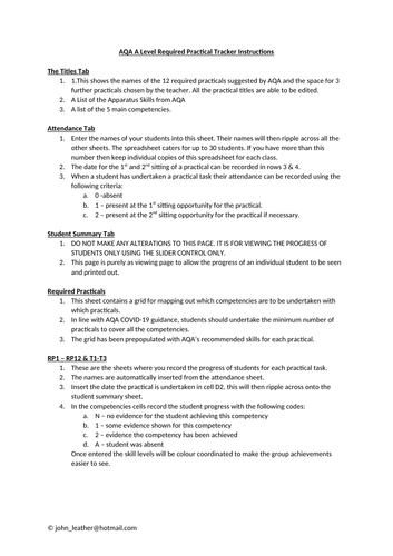 AQA A Level Chemistry Required Practical Tracker including Sub ...