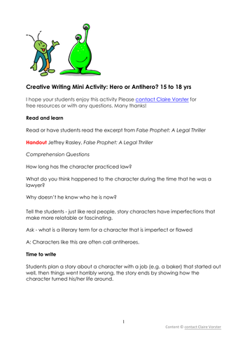 Creative Writing Mini Activity - Hero or Antihero? 15 to 18 yrs ...
