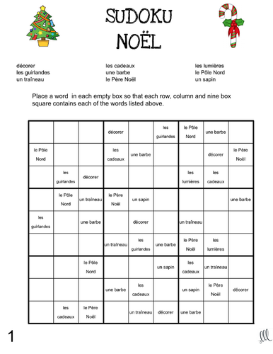 French Christmas Vocabulary - Noël - Sudoku Puzzles | Teaching Resources