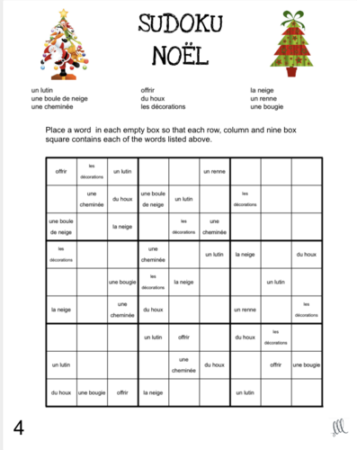 French Christmas Vocabulary - Noël - Sudoku Puzzles | Teaching Resources