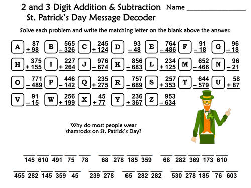 2 and 3 Digit Addition and Subtraction With Regrouping St. Patrick's ...