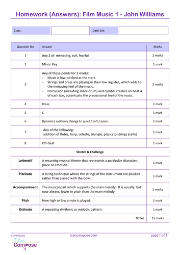 Film music homework sheet taster | Teaching Resources