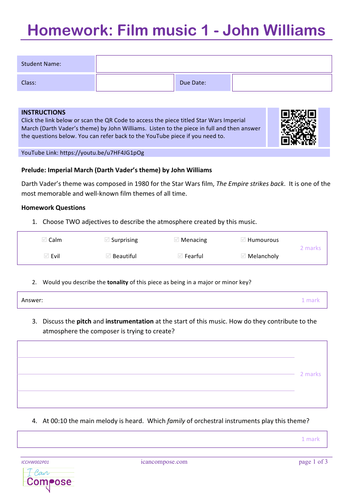 Film music homework sheet taster | Teaching Resources