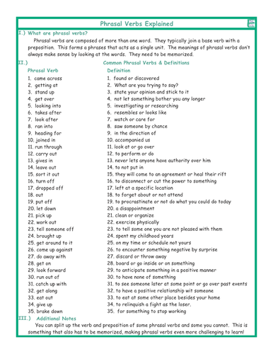 Phrasal Verbs Explanations-Definitions | Teaching Resources