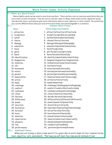 Word Forms Explanation-Examples | Teaching Resources