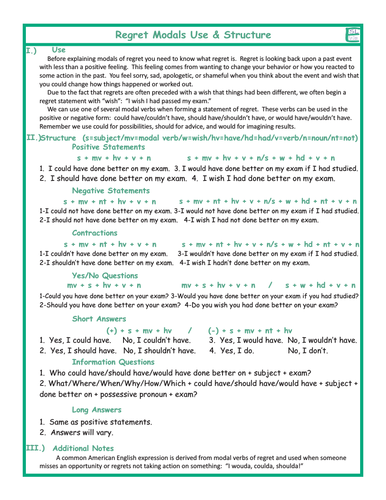 Regret Modals Combo Activity Worksheets | Teaching Resources