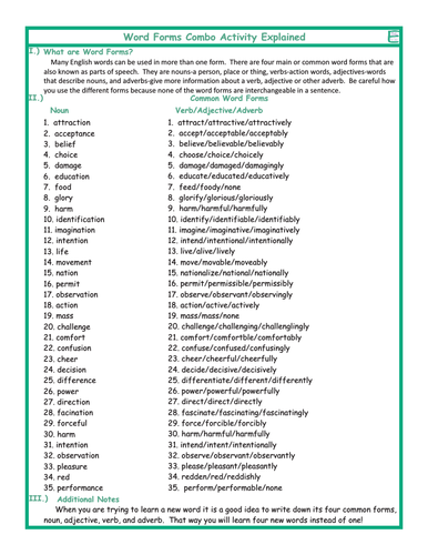 Word Forms Combo Activity Worksheets | Teaching Resources