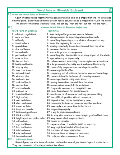 Word Pairs-Binomials Combo Activity Worksheets | Teaching Resources