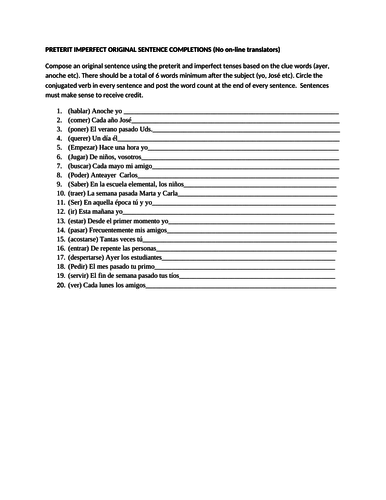 preterit imperfect original sentences | Teaching Resources