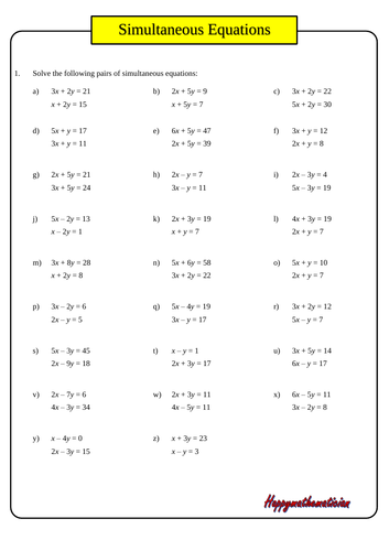 Simultaneous Equations - over 90 questions with answers | Teaching ...
