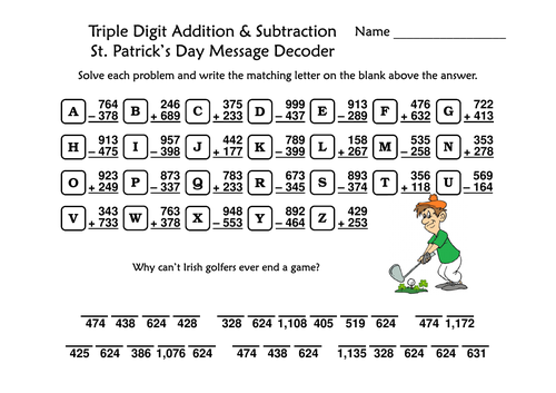 Triple Digit Addition and Subtraction St. Patrick's Day Math: Message Decoder | Teaching Resources