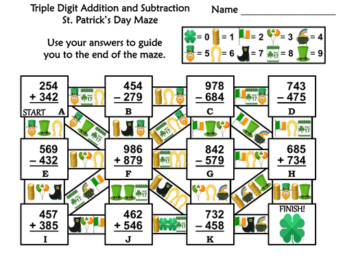 Triple Digit Addition and Subtraction St. Patrick's Day Math Maze ...