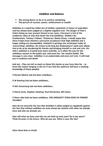 Assembly on Ambition, Aspiration and Balance | Teaching Resources