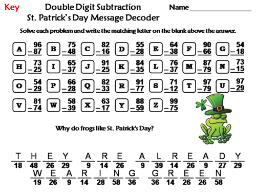 Double Digit Subtraction St. Patrick's Day Math Activity: Message ...
