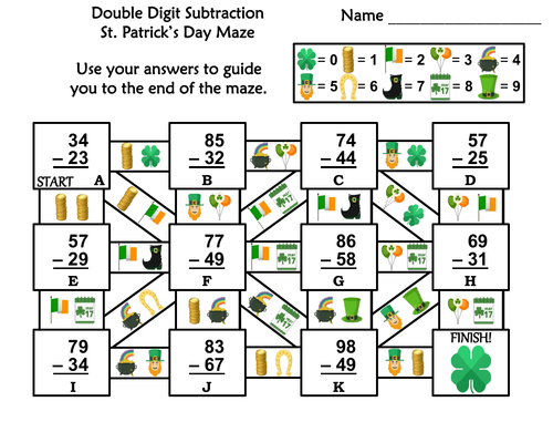 Double Digit Subtraction St. Patrick's Day Math Maze | Teaching Resources