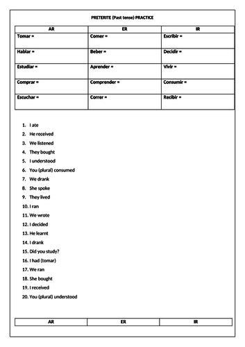 Spanish grammar preterite tense practice drill with answers (regular ...