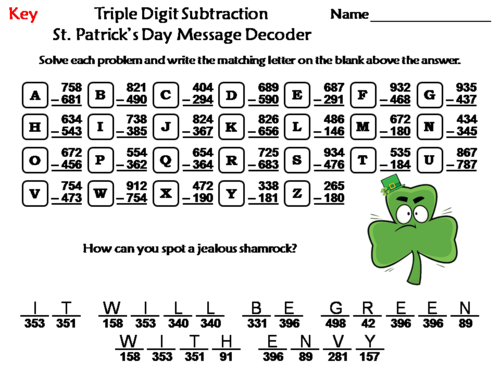 Triple Digit Subtraction St. Patrick's Day Math Activity: Message ...
