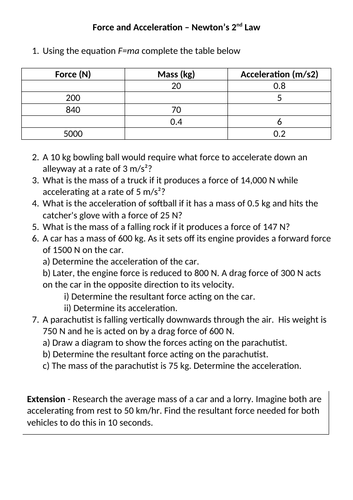 Force and Acceleration - Newton's Second Law | Teaching Resources