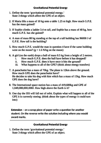 Gravitational Potential Energy | Teaching Resources