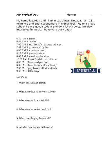 My Typical Day Beginner Reading/Telling Time/Hobbies: ESL / EFL / ELL ...