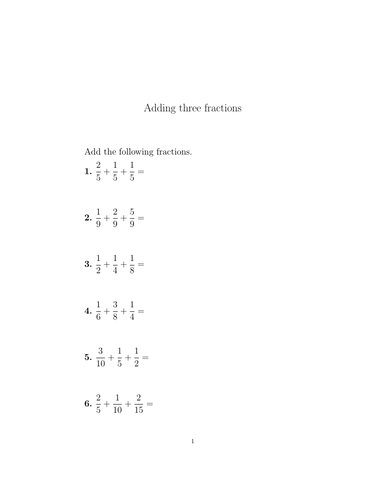 Adding three fractions worksheet (with solutions) | Teaching Resources