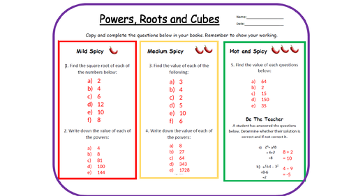 Powers, Roots and Cubes Differentiated Lesson, Worksheet, Homework and ...