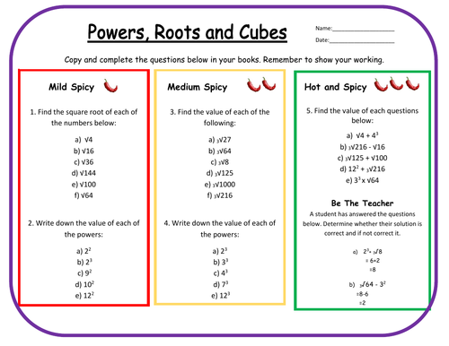 Powers, Roots and Cubes Differentiated Lesson, Worksheet, Homework and ...